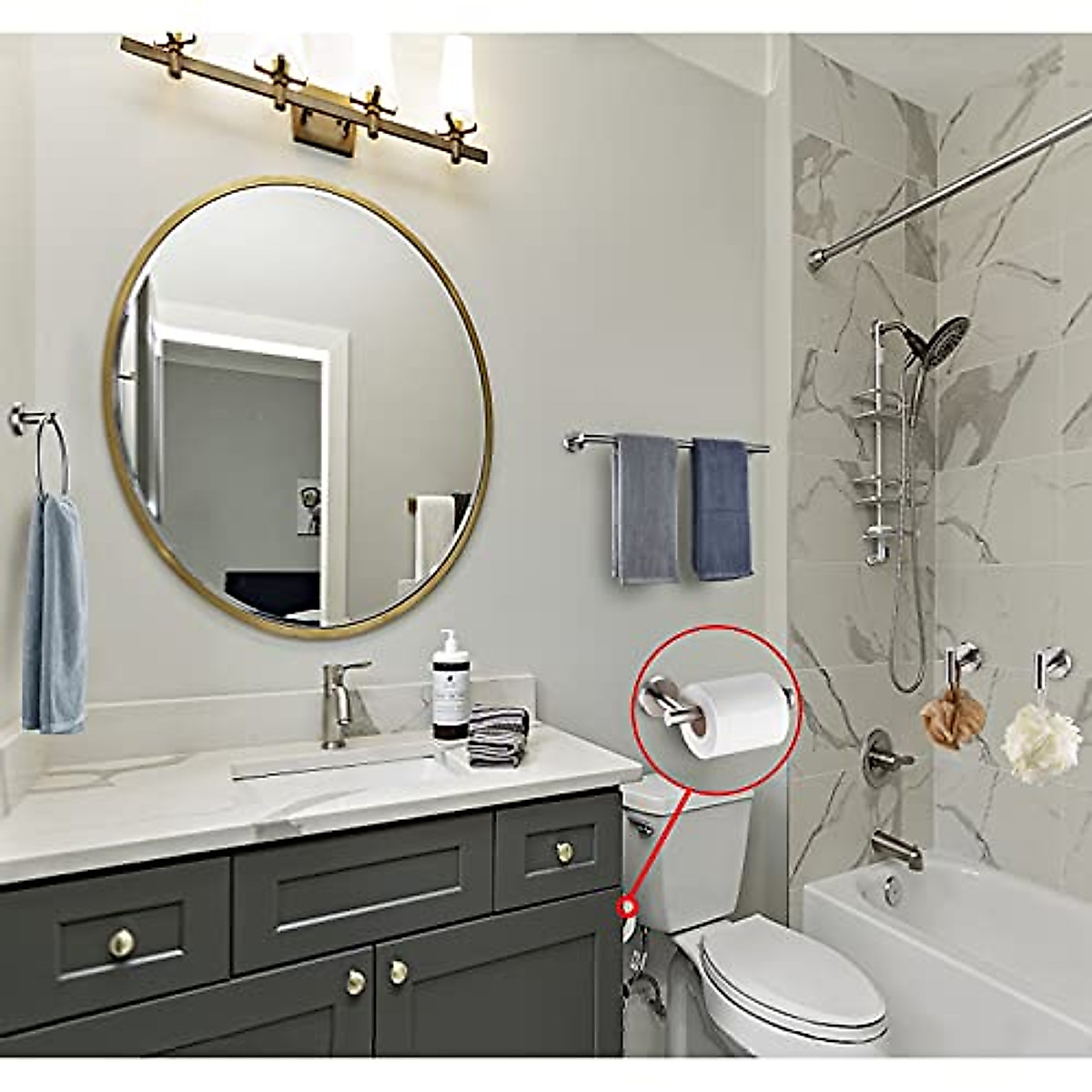 5 Pieces Brushed Nickel Bathroom Hardware Set Include 16inch Towel Bar,2pcsTowel Hooks,Toilet Paper Holder,Hand Towel Ring Round SUS304 Stainless Steel Bathroom Accessories Set Heavy Duty Wall Mounted