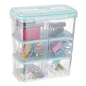 BTSKY 3 Layer Portable Storage Container Box with 6 Removable Grids Multipurpose Plastic Stack & Carry Box,Craft Storage Organizer for Art Supplies, Stationary Supplies Jewelry, Tool Clear Blue
