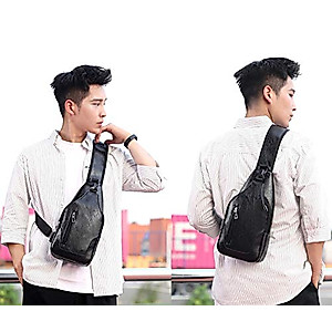 D.LerBung Men's Sling Bag Leather Chest Shoulder Backpack Water Resistant Anti Theft Crossbody Bag with USB Charge Port Black