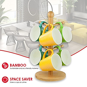 Home Basics Bamboo Mug Tree, Holds Up to 6 Coffee Cups, Free Standing, Circular Base, Kitchen Countertop, Beige (1)