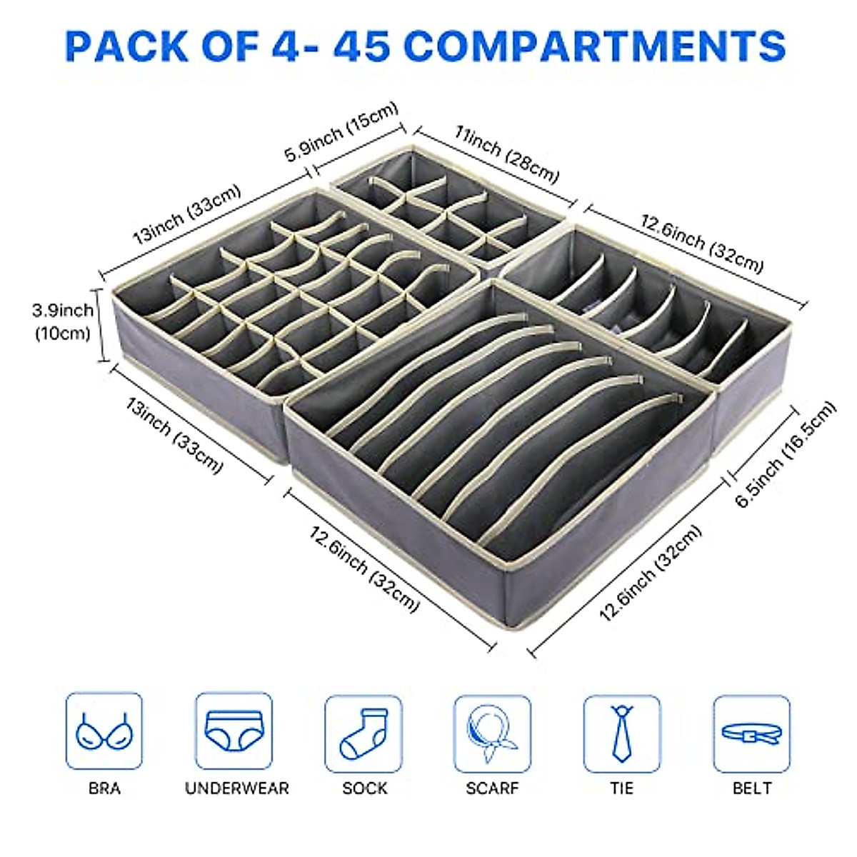 CozyCat Underwear Drawer Organizer Dividers for Bra and Socks 4-pack, Foldable Underware Drawer Organizers, Clothing Storage Boxes, Suit for Lingerie, Bras, Socks, Ties. (6+7+8+24 cell), Gery