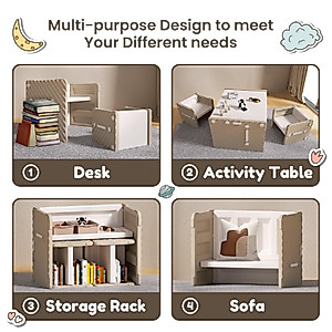 hoopyosms Kids' Table and 2 Chairs Set, 4 in 1 Activity Table for Toddlers Children Learning, Play, Arts, Crafts and Creativity - Children's Furniture for Home, Brown