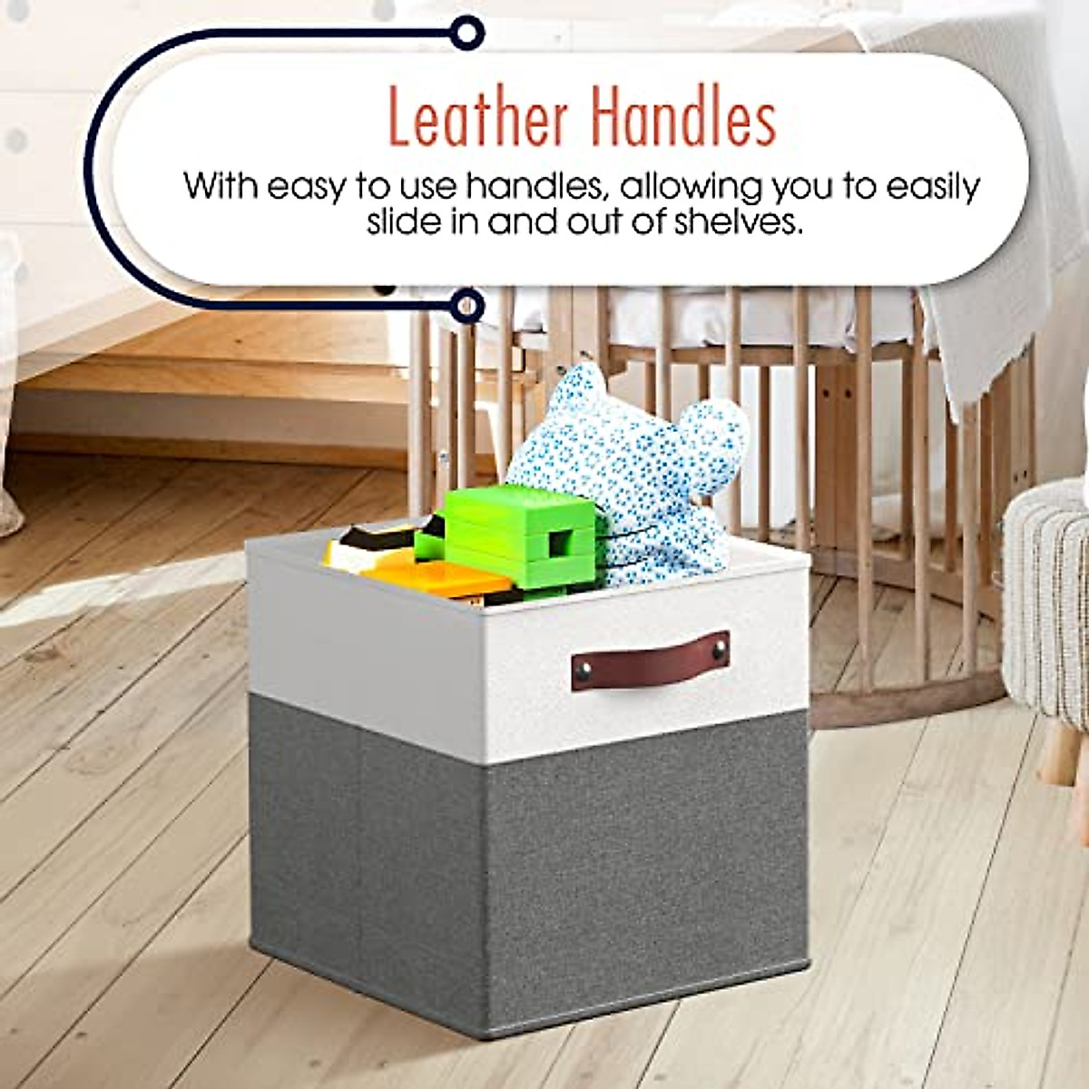 Ornavo Home Foldable Collapsible Storage Box Bins Linen Fabric Shelf Basket Cube Organizer with Leather Handles - Set of 6 - 13 x 13 x 13 - White/Gray