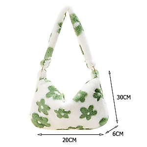 Fluffy Tote Bag Y2K Green Flower Plush Underarm Bag for Women Furry Shoulder Bag Faux Fur Tote Purse for Autumn Winter