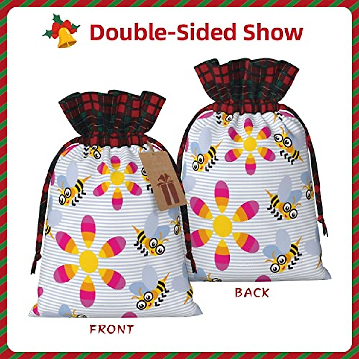Christmas Drawstring Gift Bags Funny-Bee-Sunflower-Cute Buffalo Plaid Drawstring Bag Party Favors Bags