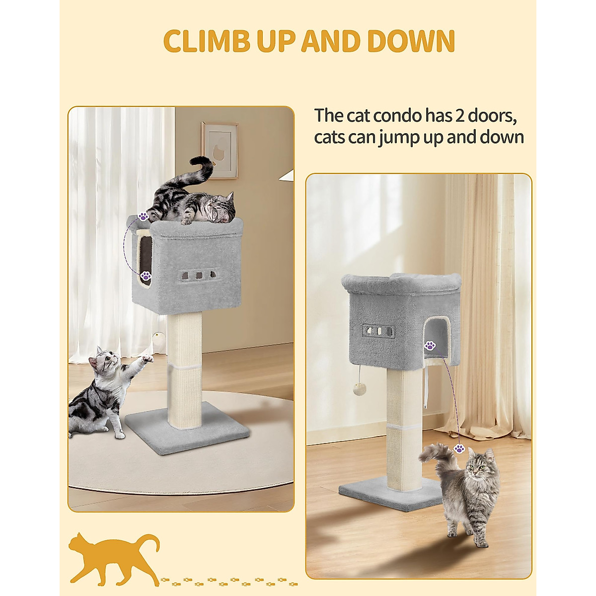 Hzuaneri 39-Inch Cat Scratching Post Tower with Bed, Cat Tower with LED Light Strip, Cat Scratcher Post with Woven Sisal, Condo, Pompom, Light Gray MS99018LG