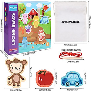 57 PCS Lacing Beads Wooden Primary String Threading Beads Animals Fruits Lacing Toy Preschool Fine Motor Skills Montessori Educational Toy for 3 4 5 6 7 8 Years Old Kids Boys Girls