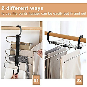 WAOU Massy Pants Hangers Multi-Layer Hanging Pants 5 in 1 Pants Rack Stainless Steel Pants Hangers Folding Storage Rack Space Saver Storage for Trousers Scarf Tie Belt Adjustable Black (2 Pack)