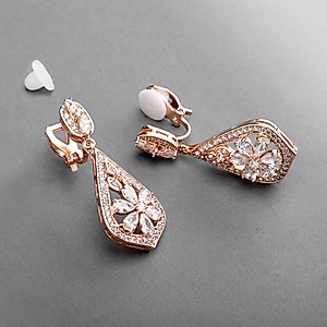 Mariell CZ Clip On Rose Gold Earrings - Art Deco Jewelry for Weddings, Bridal, Bridesmaids & Formals