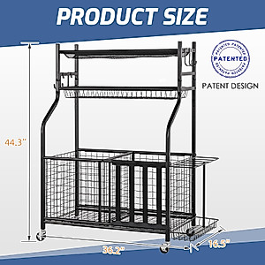 PLKOW Sports Equipment Storage for Garage, Garage Sports Equipment Organizer, Ball Storage Rack, Garage Organizer with Basket and Hooks for Toy Sports Gear Storage