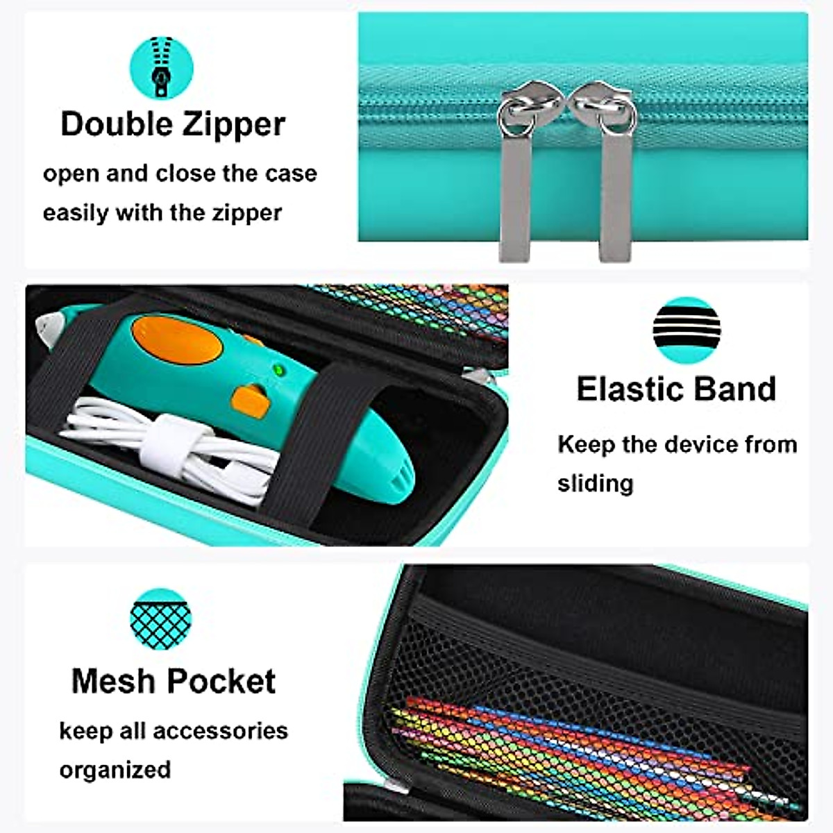 Elonbo Hard Travel Case for 3Doodler Start+ Essentials (2022) 3D Pen Set for Kids, 3D Printing Pens Storage Organizer Holder, Extra Mesh Pocket Fits Plastic Filament, Charger. Turquoise (Case Only