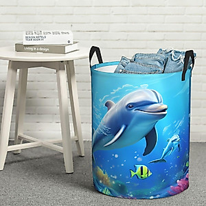 Cute Dolphin Printed Circular Hamper Laundry Basket For Bathroom Toy Storage Organizer Basket Collapsible Round With Handles Laundry Hamper