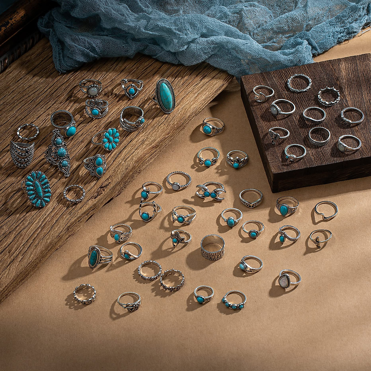 Mixcbe 50 Pcs Western Turquoise Rings Set for Women Rings Vintage Bohemian Stackable Gemstone Rings Boho Joint Knuckle Rings Midi Stacking Rings for women Holiday Gifts