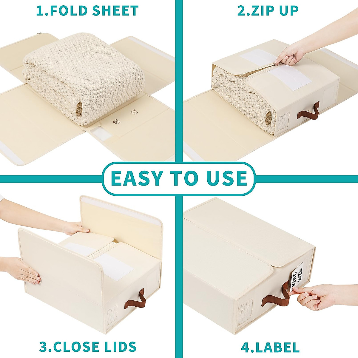 BettMorrow 6 Pack Bed Sheet Organizers and Storage (Queen & King Size) Sheet Organizers for Linen Closet Under bed Storage Sheets Set Organizers with Handle Window Foldable Bedding Storage Box Beige