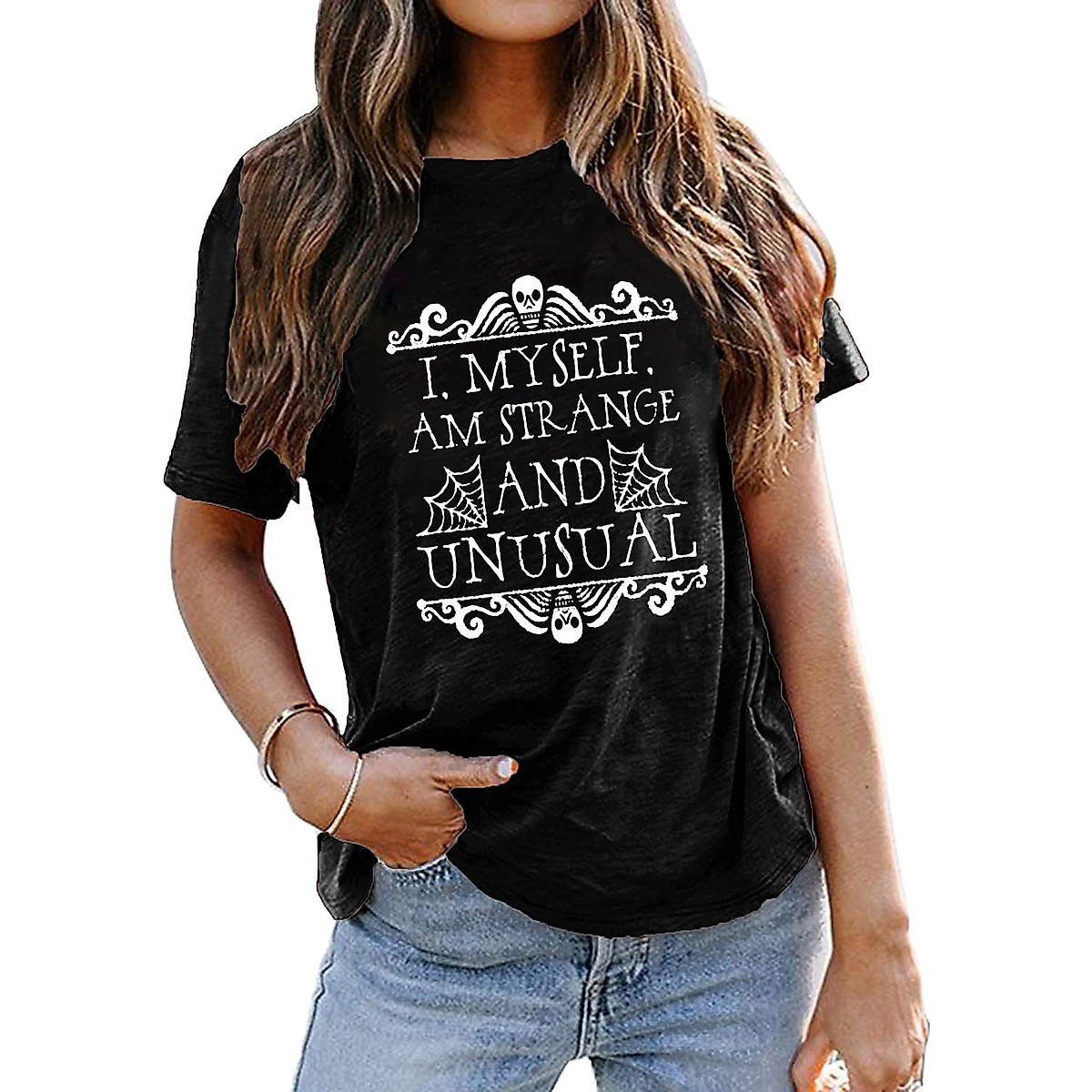 I Myself Am Strange and Unusual Tshirt Women Novelty Funny Letter Print Halloween Shirt Horror Movie Graphic Tees (S, Black)