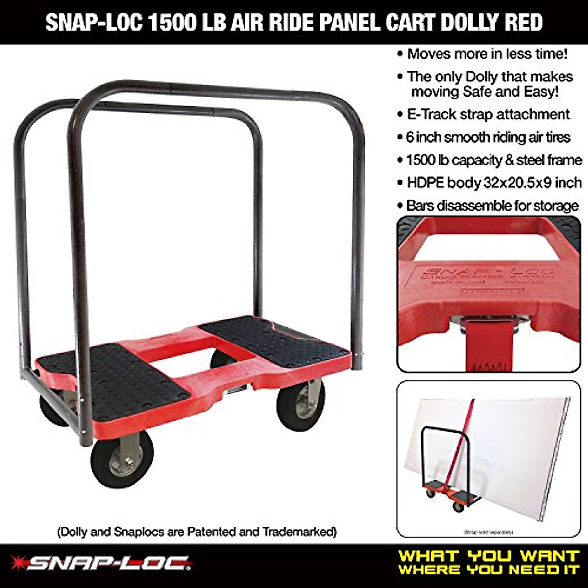 SNAP-LOC 1500 LB All-Terrain Panel CART Dolly RED with Steel Frame, 6 in Casters, Panel Bars and Optional E-Strap Attachment