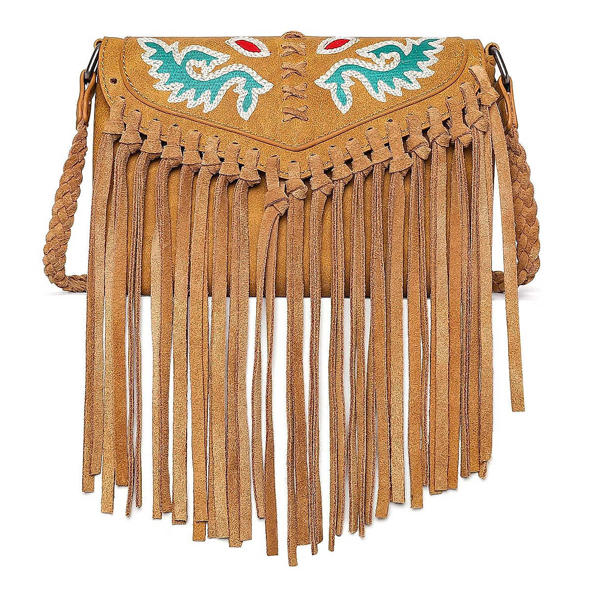 Montana West Handcrafted Leather 4 in 1 Bundle Clutch Crossbody Biker Bag w Fringe & Coin Key Fob (Tan with Antiqued Concho)