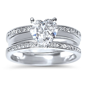 His Hers TRIO 3 PCS Sterling Silver Titanium Wedding Ring Set Heart CZ Simulated Diamond for Him Her
