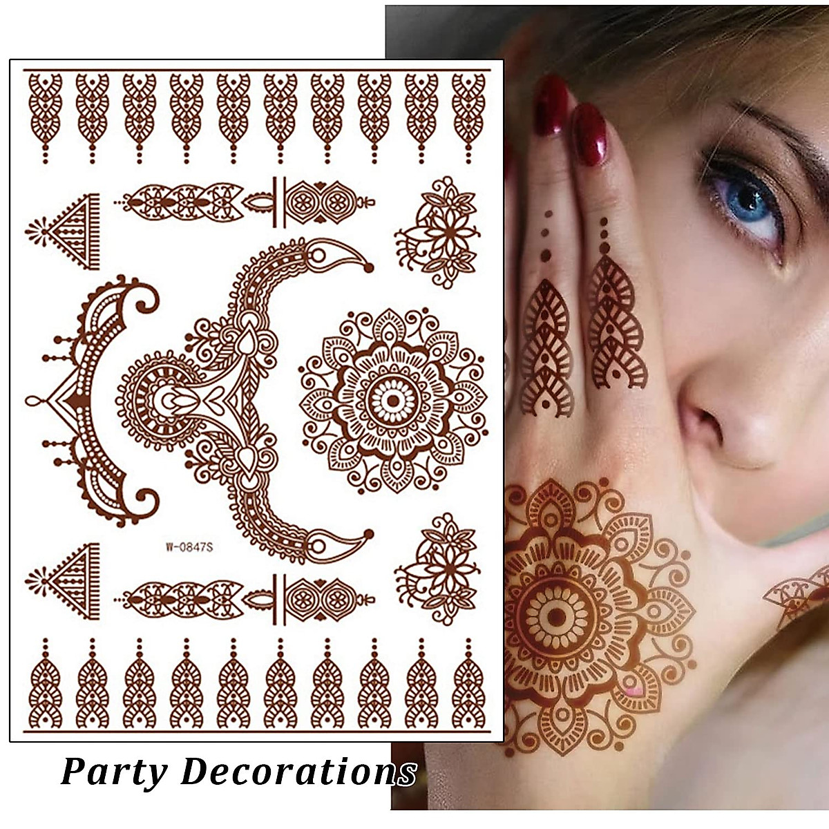 Henna Temporary Tattoo, Flash Bride Wedding Tattoos White Lace Tattoo Waterproof Body Fake Tattoo Henna Tattoo Stickers for Women Festival Clothing Accessories (Brown)