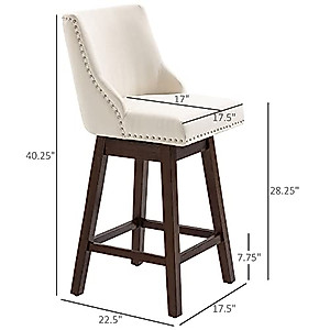 HOMCOM 28" Swivel Bar Height Bar Stools Set of 2, Armless PU Leather Upholstered Barstools Chairs with Nailhead Trim and Wood Legs, Cream White