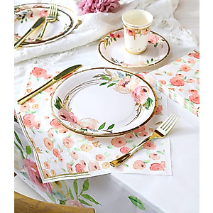 Floral Paper Plates and Napkins Party Supplies - Serves 16 - Flower Plates Floral Party Cups Knifes Forks Floral Baby Shower Decorations for Girl Pink and Gold Bridal Shower Tea Party Birthday