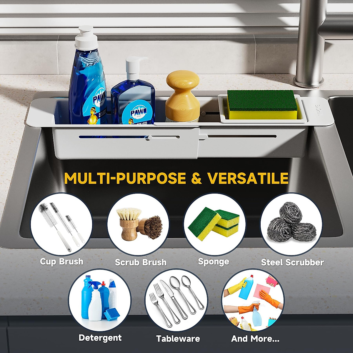 NiHome Extendable Over Sink Kitchen Organizer, Telescopic Sink Storage Rack for Sponge, Non-Slip Pads Expandable Sink Caddy, Adjustable Sponge/Brush Rack with Drainage Durable ABS Material (Grey)