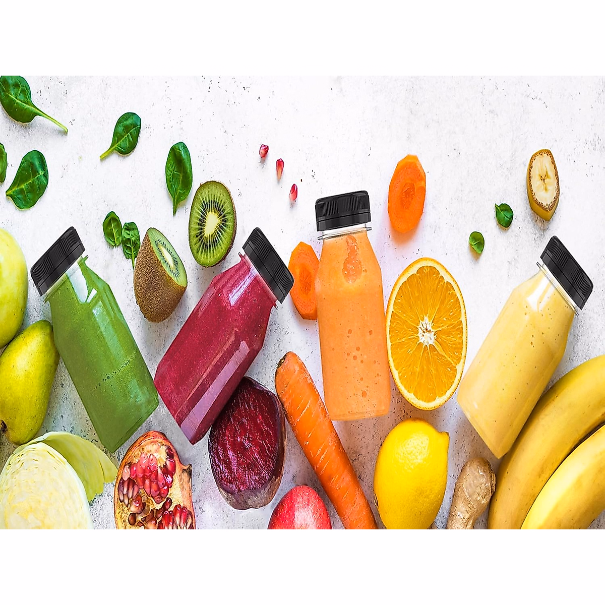 Hulless 40 Pcs 4 Ounce Plastic Juice Bottle Drink Containers Juicing Bottles with Black Tamper Proof Lids, Suitable for Juicing, Juice, Smoothies, Homemade Beverages