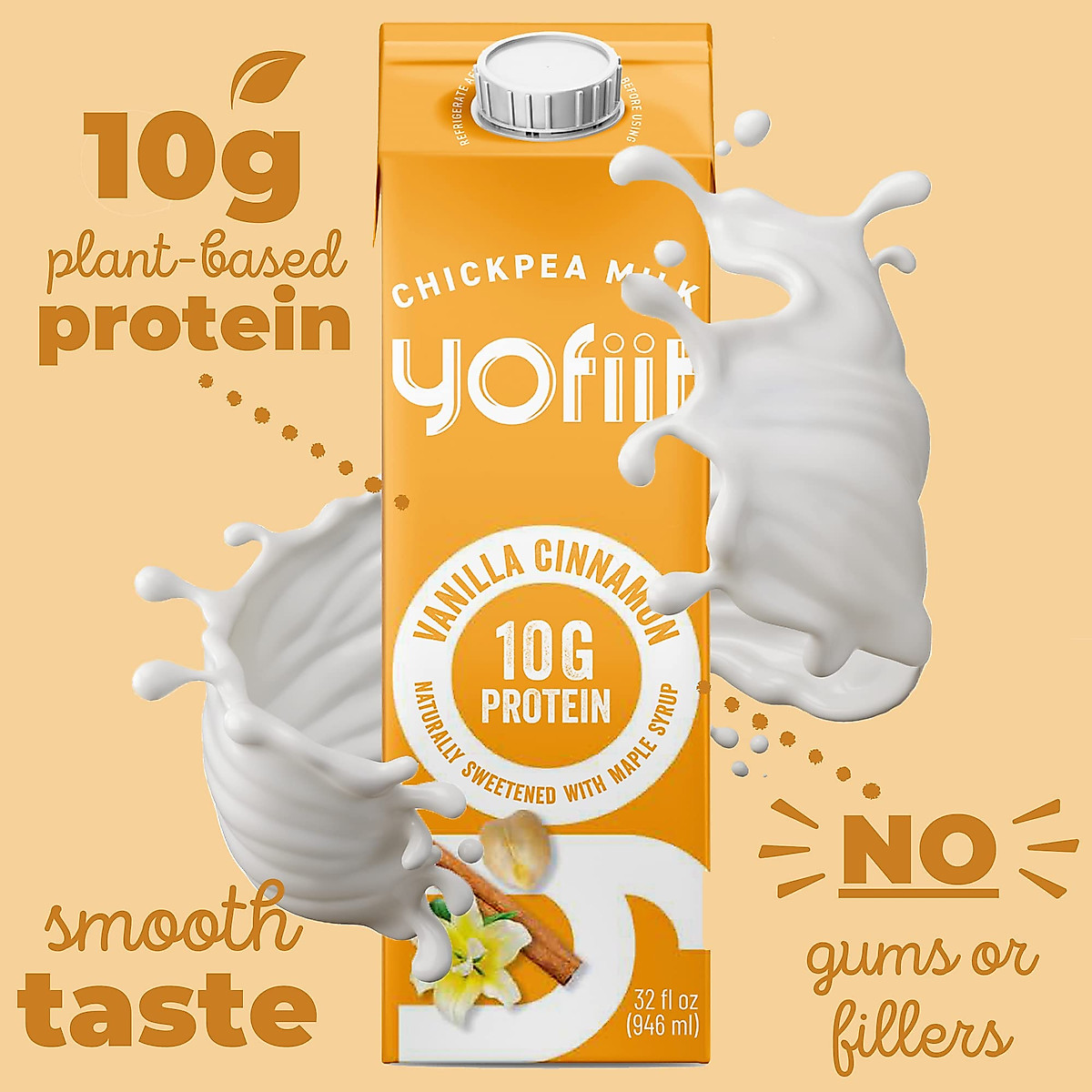 Yofiit Vanilla Cinnamon Plant Based Milk with Pea Protein and Flax - More Protein than Almond Milk - Non Dairy Coffee Creamer, Vegan & Shelf Stable | 10g Protein - 6 Pack