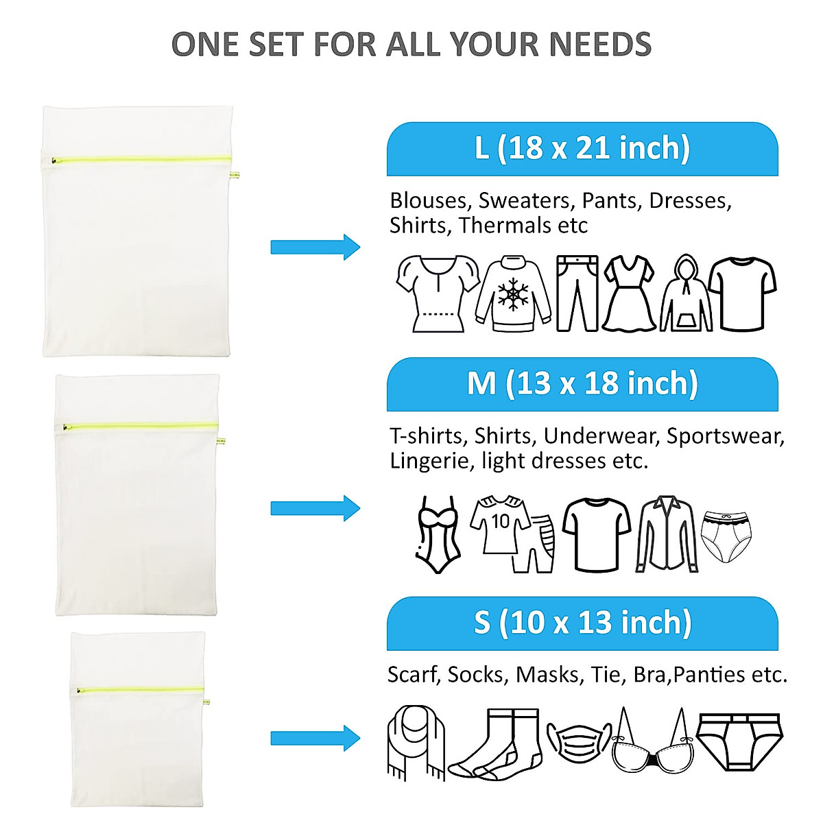 Cosmiic Greens 3 Pcs (S1/M1/L1) Mesh Laundry Washing Bags with Premium Rust Free Zipper, Storage Bag, Store Dirty Clothes, Washing Bags, Blouse, Bra, Hosiery, Lingerie, Stocking, Jeans (Polyester)