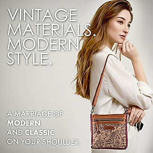 SIXTEASE Crossbody Bag for Women Vintage Style Genuine Leather, Upcycled Canvas, Rug, or Hair On - Cross Body Womens Bags with Inside Zipper Pockets - Cecellia