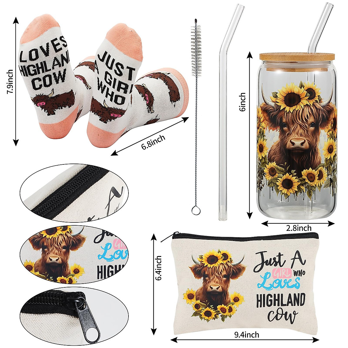SAIWEILAI ONLINE 6 Pieces Highland Cow Gifts Set for Women Cow Lovers 16oz Glass Cups Just a Girl Who Loves Highland Cow Makeup Bag Cow Socks Keychain Earrings and Gift Box for Women Mom Sister Gift