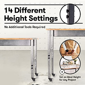 Fedmax Work Bench - 61" Rolling Portable Workbench for Garage - Metal with Acacia Hardwood Top, Adjustable Legs
