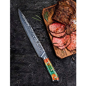 SANMUZUO 9 Inch Carving Knife, Slicing Knife - Hammered Damascus Steel & Resin Handle - Yao Series
