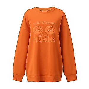 Women Sweatshirt Casual Loose Fit Trendy Print Graphic Sweatshirts Long Sleeve Shirts Crew Neck Pullover Shirts Orange