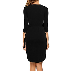 Berydress Women's Vintage 3/4 Sleeve V-Neck Knee-Length Sheath Draped Belt Faux Black Wrap Dress (XL, 6083-Black)
