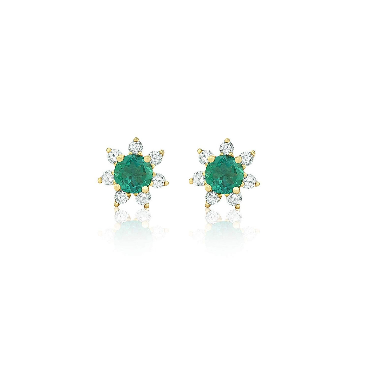 MAX + STONE 14k Yellow Gold Created Green Emerald and Diamond Flower Halo Stud Earrings for Women with Push Backs 4mm May Birthstone