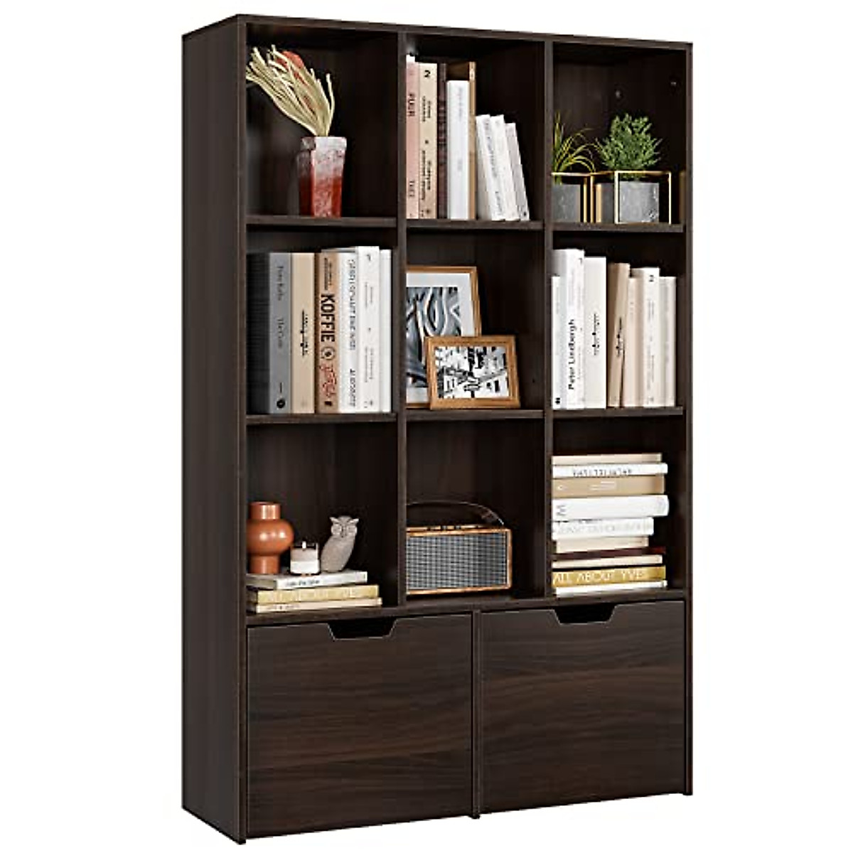 Senfot Bookcase 9 Cube, Modern Bookshelf Storage Cabinet with 2 Large Drawers, Free Standing Storage Organizer Book Shelves for Living Room, Office, Study, Brown