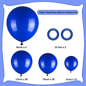 150pcs Royal Blue Balloons Different Sizes Pack, 18 12 10 5 Inch Party Balloon Garland Arch Kit Birthday Baby Shower Graduation Baseball Nautical Party Decorations(With 2 Ribbons)