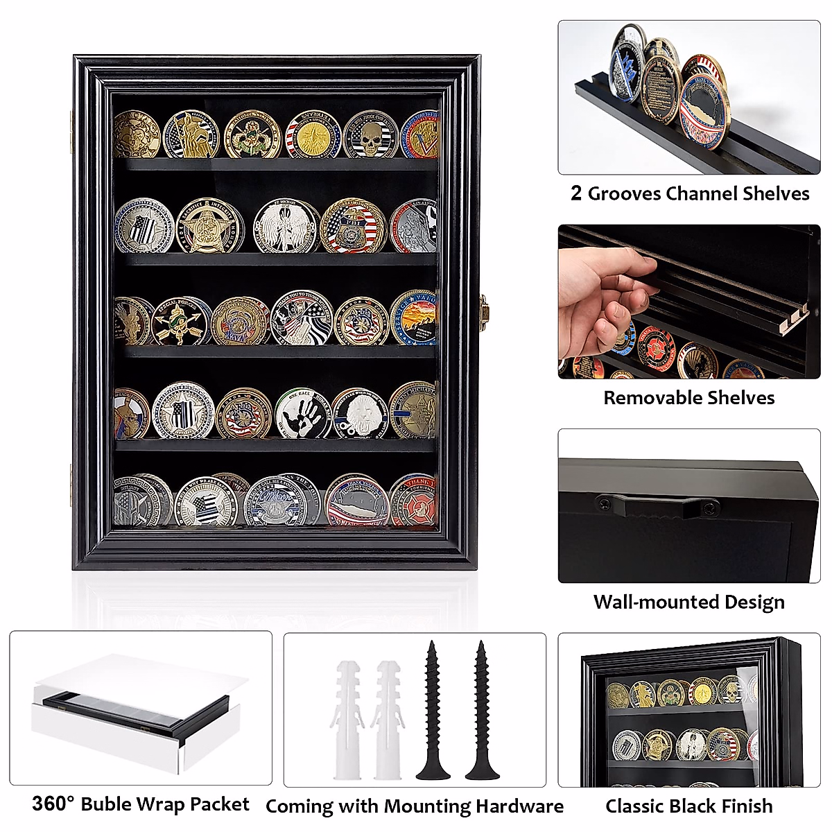 ASmileIndeep Military Challenge Coin Display Case Holder with HD Toughened Glass and Wall Mount, Wooden Coin Stand Rack with Removable 2 Grooves Shelves for Poker Chips Collectibles, Black…
