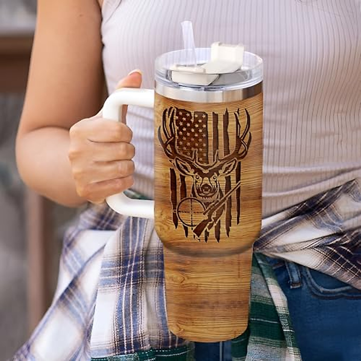Hyturtle Personalized Hunting Gifts For Men-Deer Hunting Tumbler 40oz with Handle & Straw-Stainless Steel Travel Coffee Cup With Lid Gift For Dad Him Boy Husband-Birthday Christmas Gifts For Hunters