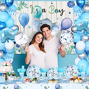 Junkin 237 Pcs Elephant Theme Baby Shower Party Decorations Elephant Party Supplies Kit Incl. Backdrop Banner Balloons Tablecloth Tableware for Baby Shower Gender Reveal Elephant Theme Birthday Party