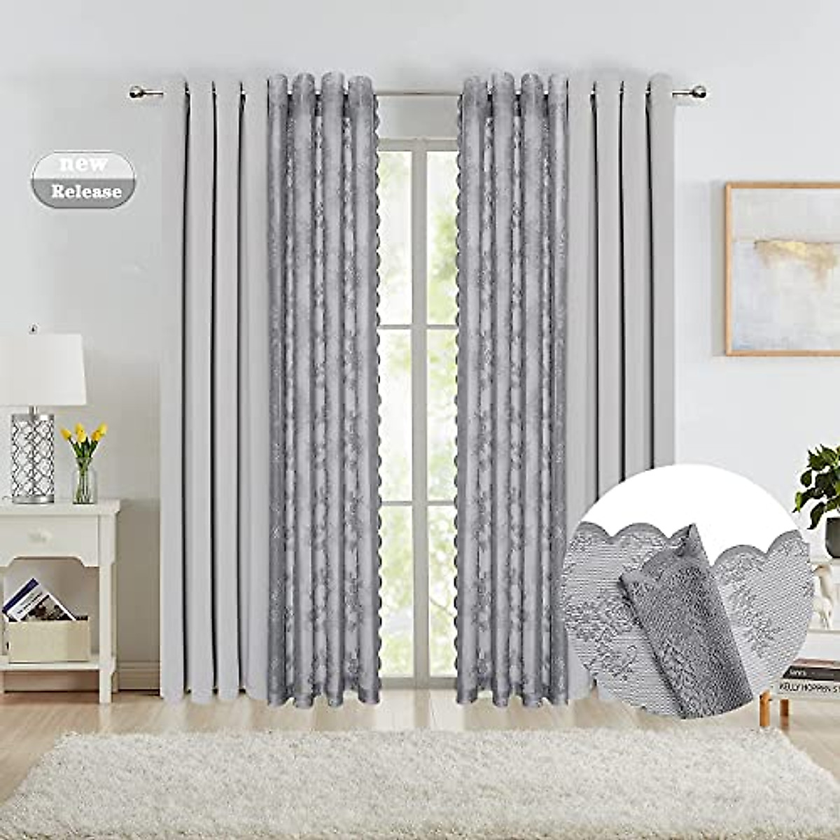 4 Pieces Grey Blackout Curtains & Elegant Rose Floral Lace Sheer Curtains for Bedroom Farmhouse Mix and Match Double Layer Or Single Layer Gray Room Darkening Grommet Window Drapes, 52"W x 84"L x 4
