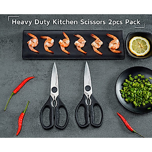 Multifunction Kitchen Scissors 2-Piece Set WELLSTAR, Heavy Duty Food Shears for Chicken Meat Vegetable Fish Herb Poultry Stainless Steel Cooking Scissors with Comfortable Handle Scissors Set (Black)