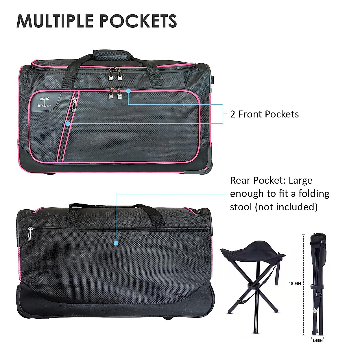 Travolution Dance Bag with Garment Rack, 24 Inch Rolling Duffel With Wheels, Ideal for Competitions & Travel, Easy-assembly Lightweight Aluminum Clothes Rack, Wheeled Upright Luggage, Black/Pink