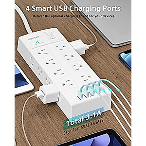 Surge Protector Power Strip 10 ft, Extension Cord with Multiple outlets, 16 Outlets Extender with 4 USB Ports, Large Power Strip with Long Cord, Wall Mountable, Flat Plug for Desktop Office Dorm Room