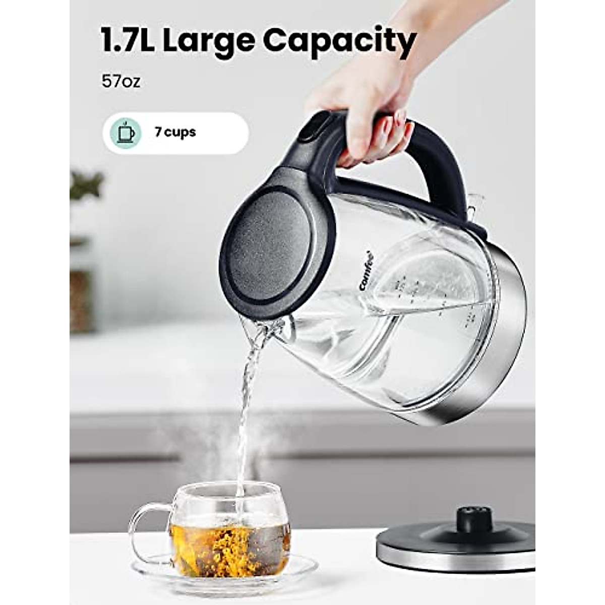 COMFEE' Glass Electric Tea Kettle & Hot Water Boiler, 1.7L, Cordless with LED Indicator, 1500W Fast Boil, Auto Shut-Off and Boil-Dry Protection