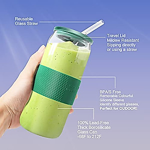 Vozoka 20oz Beer Can-Shaped Cup with Silicone Lids and Sleeve, Iced Coffee Cup Reusable, Glass Tumbler, Drinking Glass, Smoothie Cups, Tea Cup (Sky Blue)