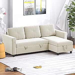 BALUS L-Shape Reversible Dutch Velvet Sleeper Sectional Sofa with Storage Chaise, Pull Out Sofa Bed, Corner Couch with Arms for Living Room, Home Furniture, Apartment, Dorm (Beige)