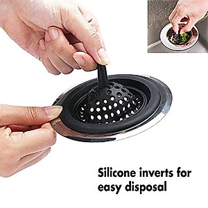 Angchine 2PCS Sink Strainers, Flexible Silicone and Stainless Steel Kitchen Sink Drainer Baskets, Large Wide 4.5’’ Diameter Rim. Anti-Clogging Micro Perforation Holes, Rust Free (Black)