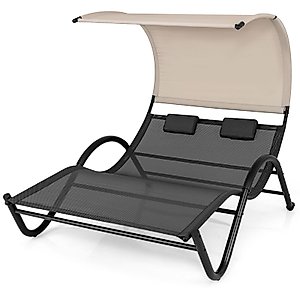 Tangkula 2 Person Lounge Chair with Canopy, Outdoor Chaise Lounge with 2 Detachable Pillows, UPF50+ Extra Large Double Patio Hammock Sunbed Chair with 2 Wheels for Backyard, Poolside
